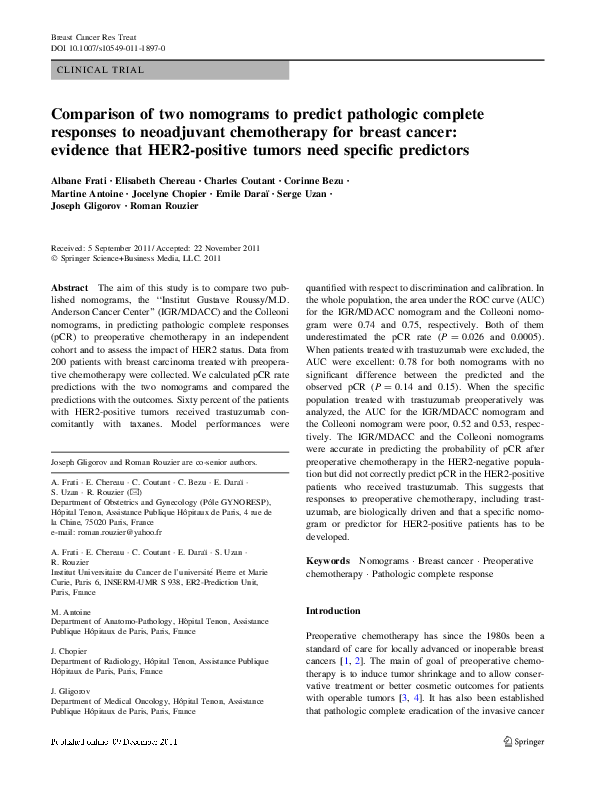 (PDF) Comparison of two nomograms to predict pathologic complete responses to neoadjuvant ...