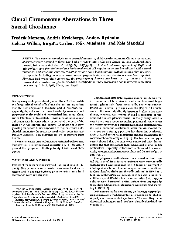 (PDF) Clonal chromosome aberrations in three sacral chordomas