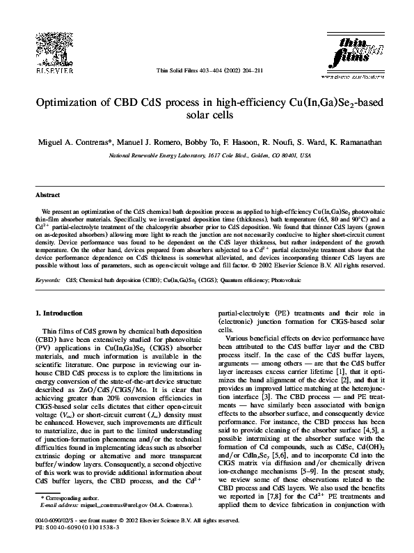 (PDF) Optimization of CBD CdS process in high-efficiency Cu(In,Ga)Se2-based solar cells