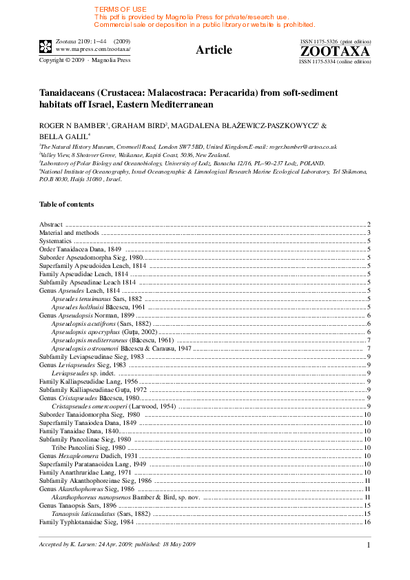 (PDF) Tanaidaceans (Crustacea: Malacostraca: Peracarida) from soft ...