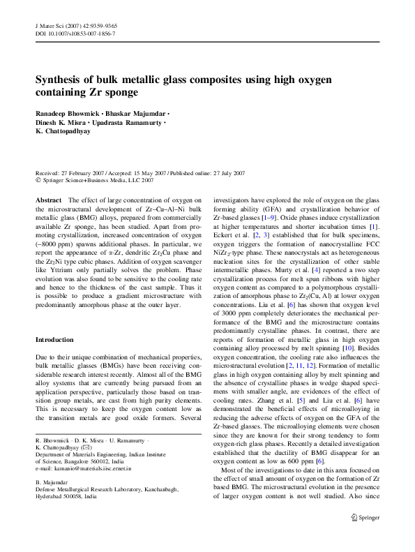 (PDF) Synthesis of bulk metallic glass composites using high oxygen ...