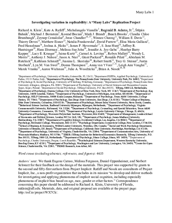 (PDF) Investigating variation in replicability: A "many labs ...