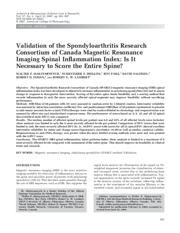 (PDF) Validation of the Spondyloarthritis Research Consortium of Canada ...