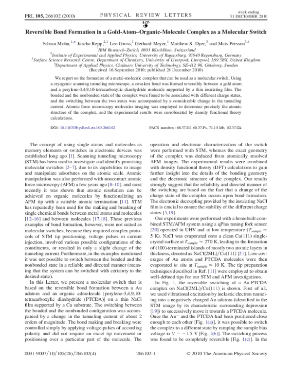 (PDF) Reversible Bond Formation in a Gold-Atom–Organic-Molecule Complex ...