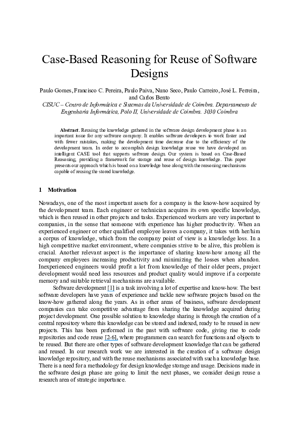 (PDF) Case-Based Reasoning for Reuse of Software Designs