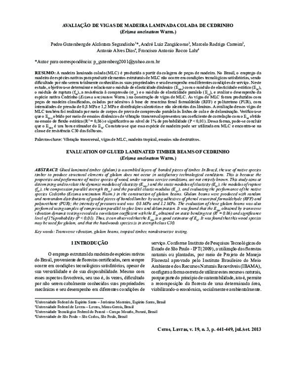 (PDF) Evaluation of glued laminated timber beams of cedrinho (Erisma ...