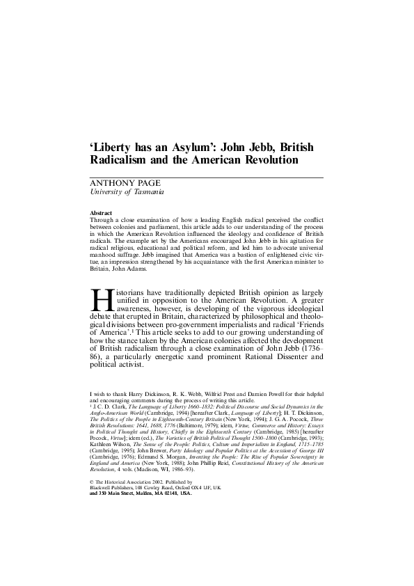 (PDF) “'Liberty has an Asylum': John Jebb, British Radicalism and the ...
