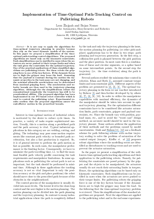 Pdf Implementation Of Time Optimal Path Tracking Control On Palletizing Robots 
