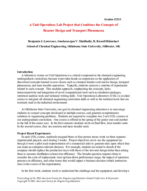 (PDF) A Unit Operations Lab Project that Combines the Concepts of ...