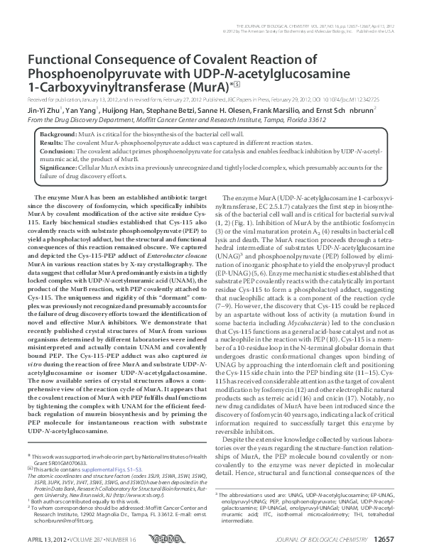 (PDF) Functional Consequence of Covalent Reaction of Phosphoenolpyruvate with UDP-N ...