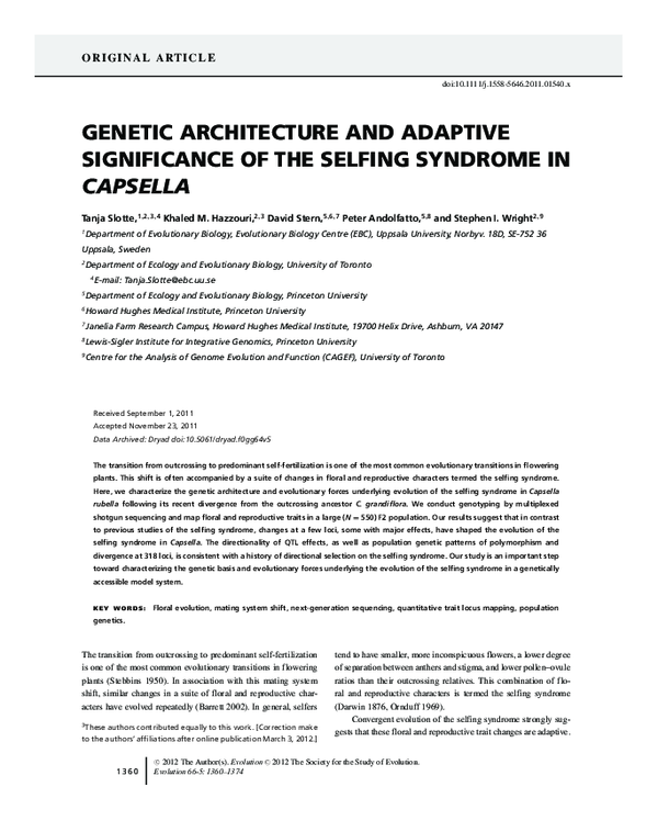 (PDF) Genetic Architecture and Adaptive Significance of the Selfing ...
