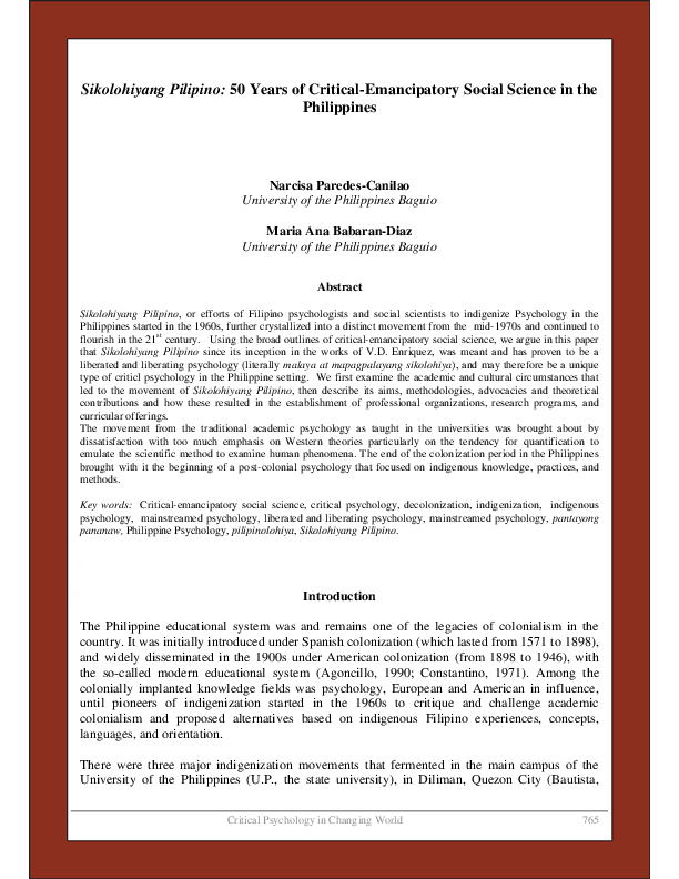 (PDF) Critical Psychology in Changing World Sikolohiyang Pilipino: 50 ...