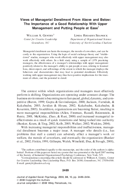(PDF) Views of Managerial Derailment From Above and Below: The Importance of a Good Relationship ...