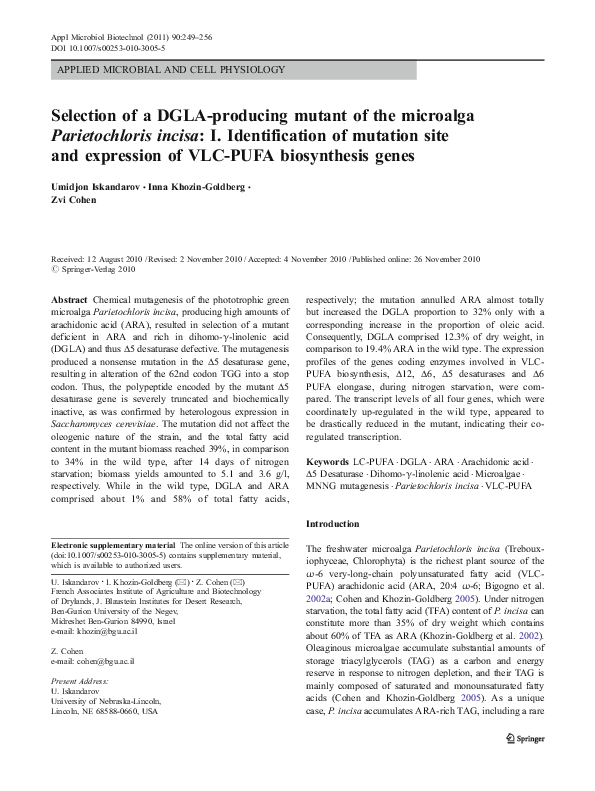 (PDF) Selection of a DGLA-producing mutant of the microalga ...