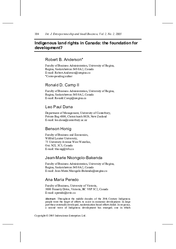 (PDF) Indigenous land rights in Canada: the foundation for development?