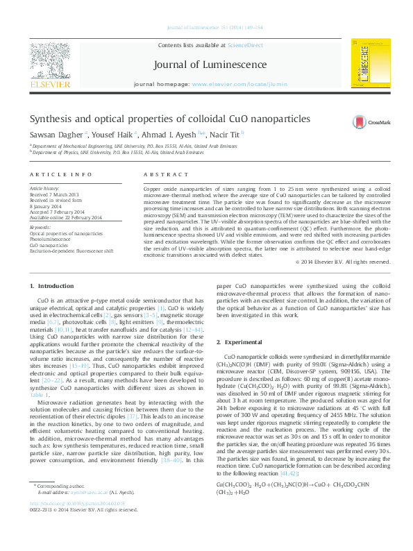 (PDF) Synthesis and optical properties of colloidal CuO nanoparticles