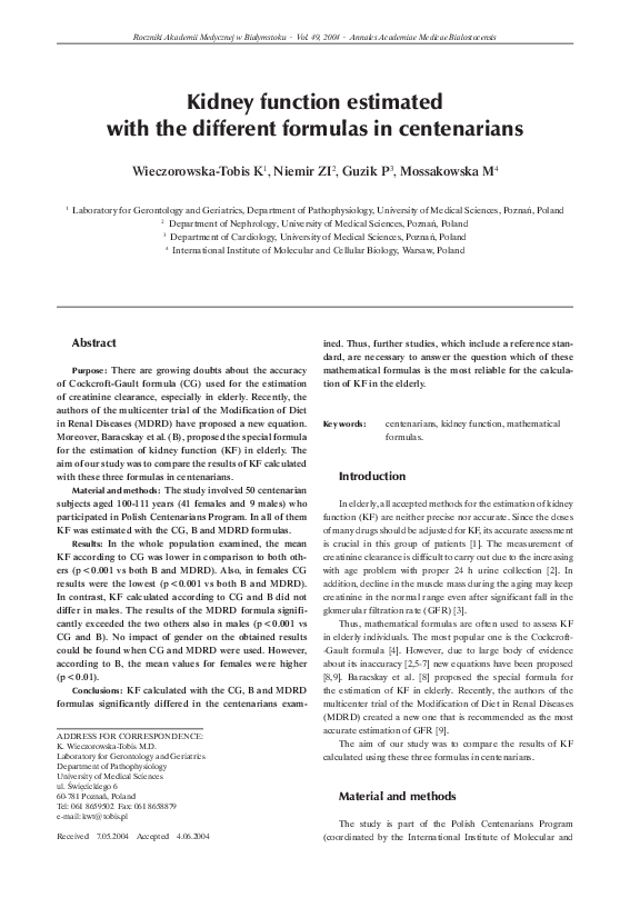 (PDF) Kidney function estimated with different formulas in centenarians