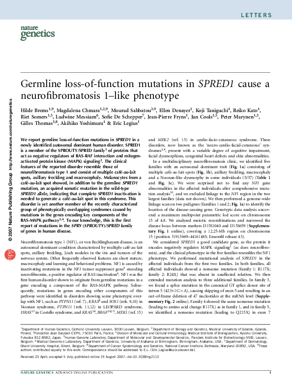 Pdf Germline Loss Of Function Mutations In Spred1 Cause A