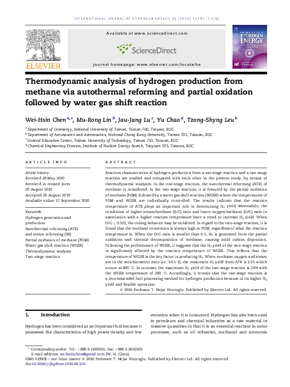 (PDF) Thermodynamic analysis of hydrogen production by partial ...