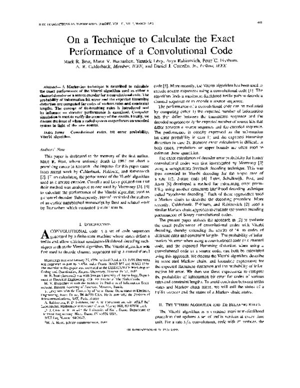 Pdf On A Technique To Calculate The Exact Performance Of A Convolutional Code
