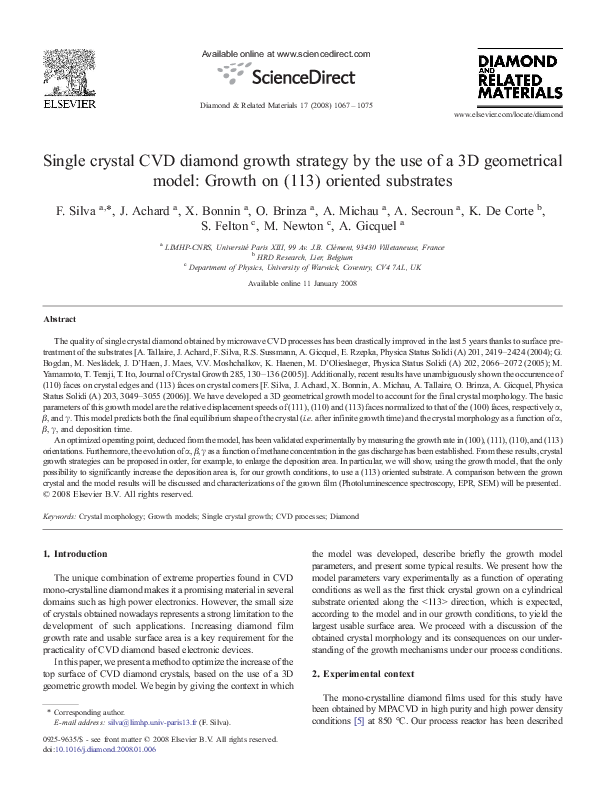 (PDF) Single crystal CVD diamond growth strategy by the use of a 3D ...