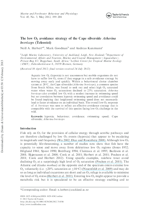 (PDF) The low O 2 avoidance strategy of the Cape silverside Atherina ...