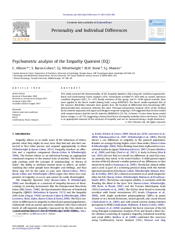 (PDF) Psychometric analysis of the empathy quotient (EQ) scale