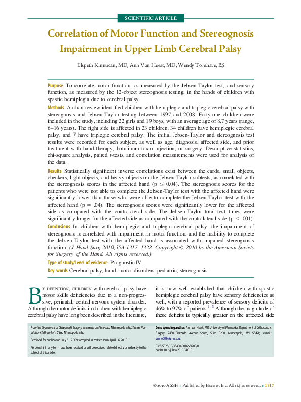 (PDF) Correlation of Motor Function and Stereognosis Impairment in ...