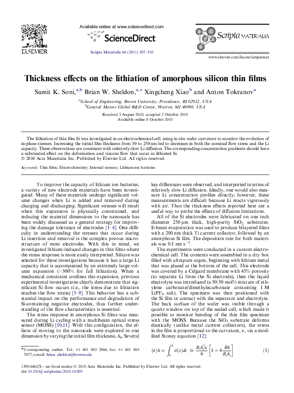 (PDF) Thickness effects on the lithiation of amorphous silicon thin films