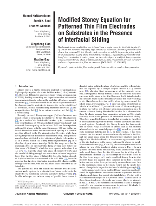 (PDF) Modified Stoney Equation for Patterned Thin Film Electrodes on ...
