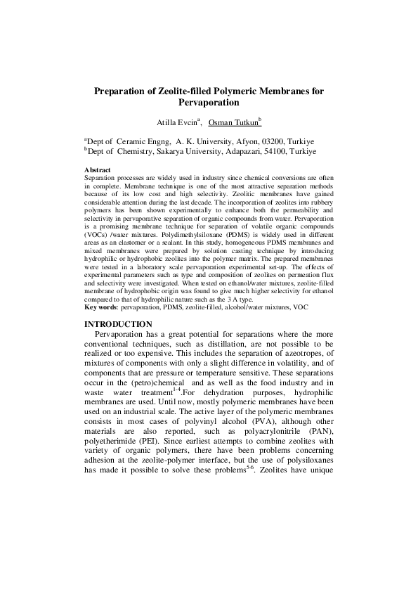 (PDF) Preparation of Zeolite-filled Polymeric Membranes for Pervaporation