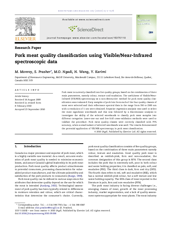 (PDF) Pork meat quality classification using Visible/Near-Infrared ...