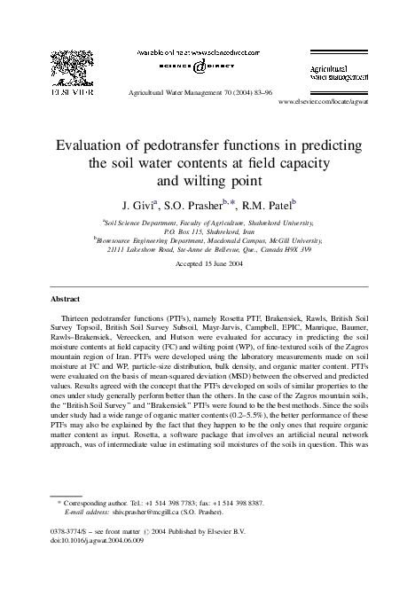 (PDF) Evaluation of pedotransfer functions in predicting the soil water contents at field ...