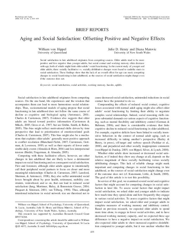 (PDF) BRIEF REPORTS Aging and Social Satisfaction: Offsetting Positive ...