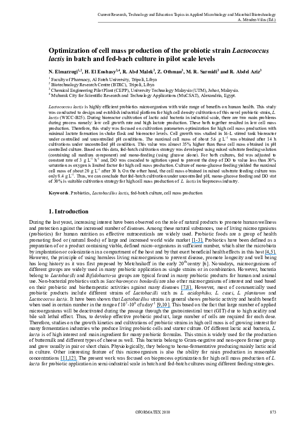 (PDF) Optimization of cell mass production of the probiotic strain Lactococcus lactis in batch ...