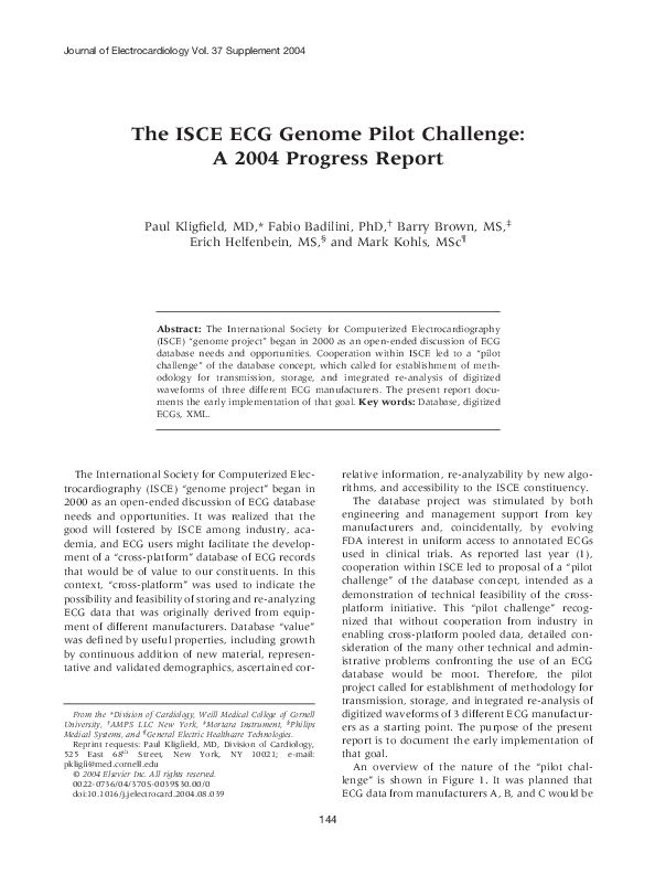 (PDF) The ISCE ECG genome pilot challenge: A 2004 progress report