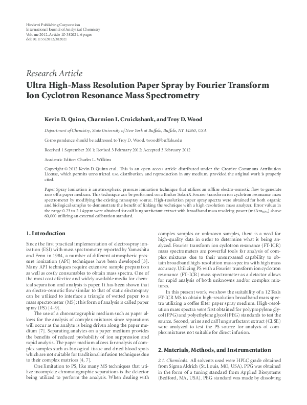 (PDF) Ultra high-mass resolution paper spray by fourier transform ion ...