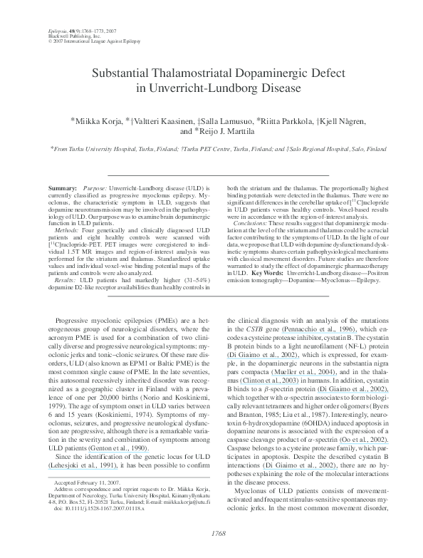 (PDF) Substantial Thalamostriatal Dopaminergic Defect in Unverricht ...