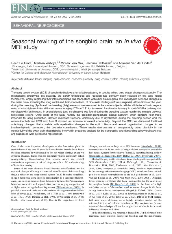(PDF) Seasonal rewiring of the songbird brain: an in vivo MRI study