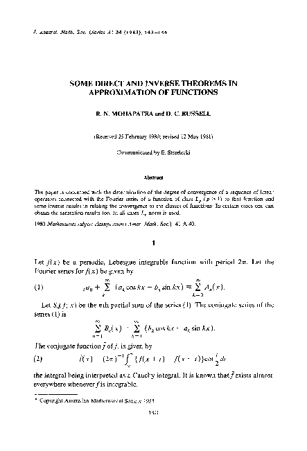 Pdf Some Direct And Inverse Theorems In Approximation Of Functions