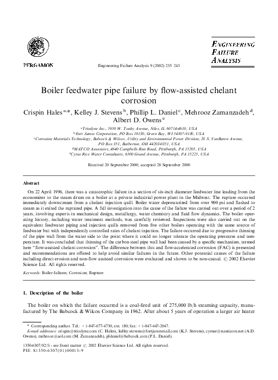 (PDF) Boiler feedwater pipe failure by flow-assisted chelant corrosion