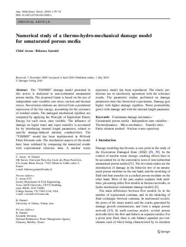 (PDF) Numerical study of a thermo-hydro-mechanical damage model for unsaturated porous media