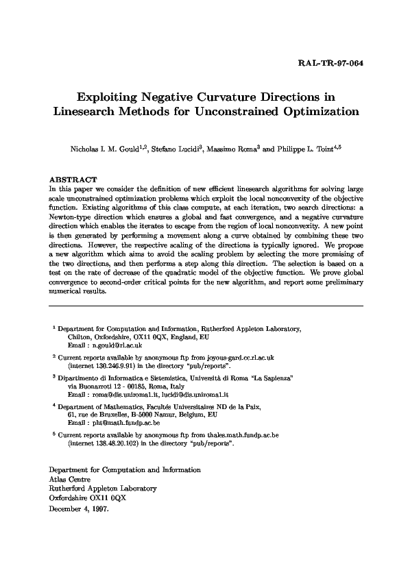 (PDF) Exploiting negative curvature directions in linesearch methods for unconstrained optimization