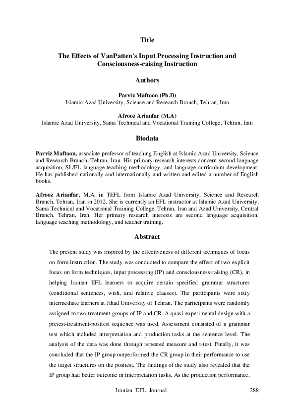 Pdf The Effects Of Vanpatten S Input Processing Instruction And Consciousness Raising Instruction