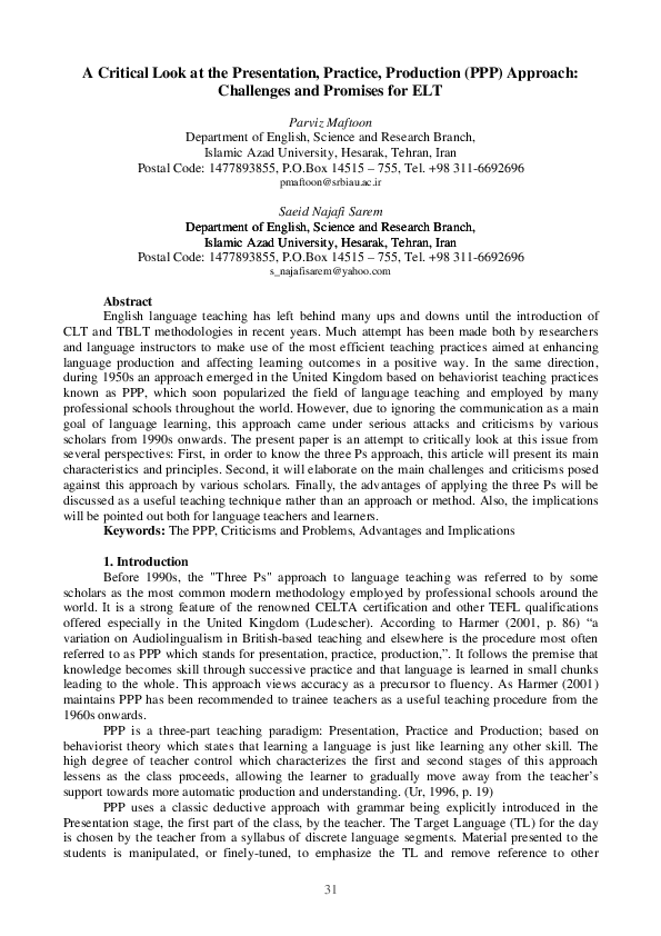 (PDF) A Critical Look at the Presentation, Practice, Production (PPP ...