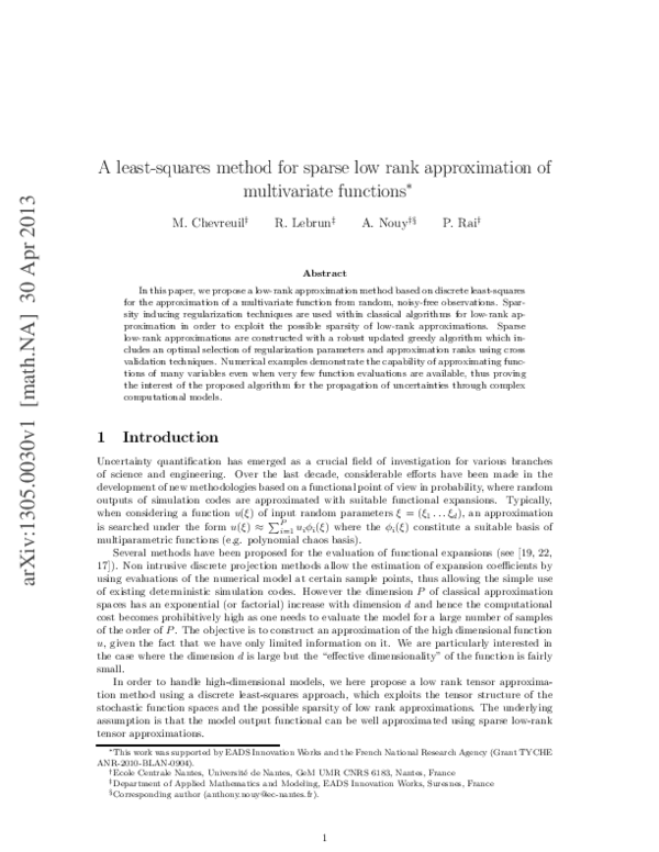 Pdf A Least Squares Method For Sparse Low Rank Approximation Of Multivariate Functions Regis