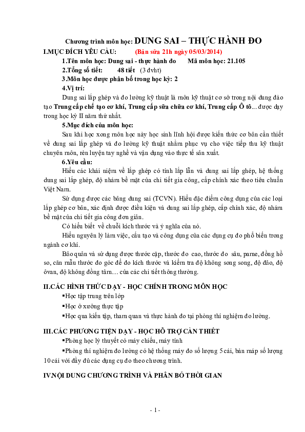 (DOC) Ch ng trình môn h c: DUNG SAI – TH C HÀNH ĐO