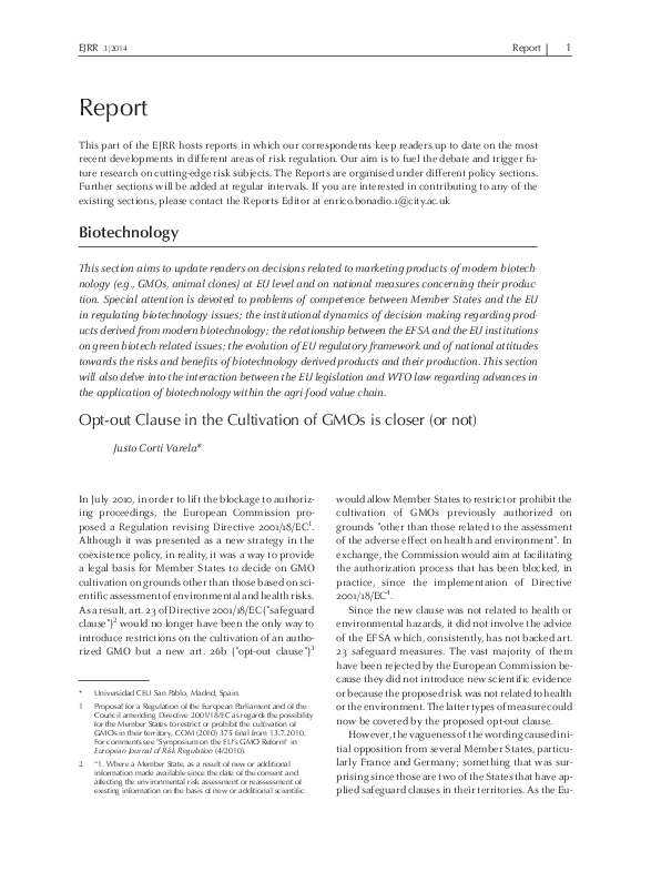 Pdf Opt Out Clause In The Cultivation Of Gmos Is Closer Or Not