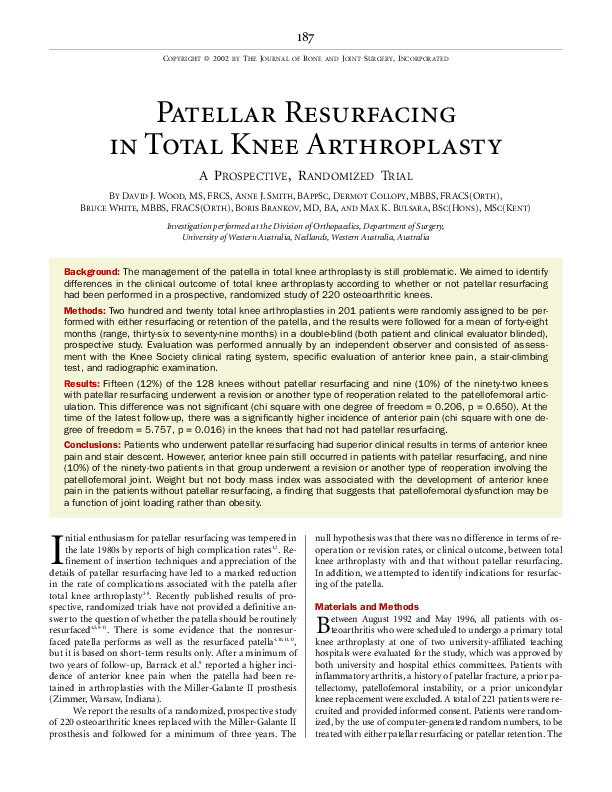 (PDF) Patellar resurfacing in total knee arthroplasty