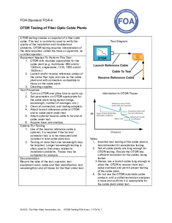 (PDF) FOA Standard FOA-4 OTDR Testing of Fiber Optic Cable Plants